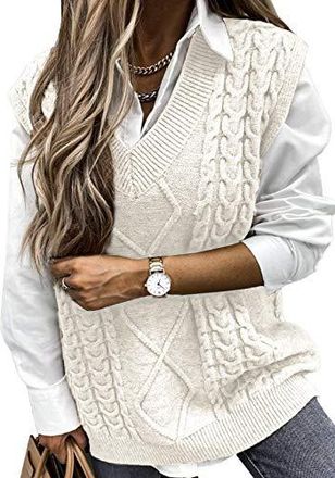 Minetom Pull sans Manche Col V Femme Gilet en Tricot Automne Hiver D&eacute;bardeurs Chandail Oversize Bureau Pull-Over Tops Hauts A Beige 38