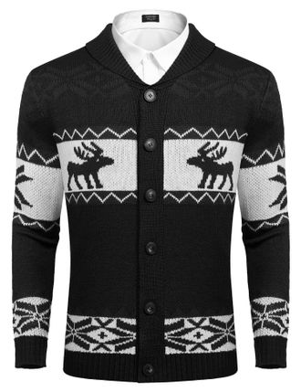 Coofandy Herren Weihnacht Strickjacke Cardigan Winter V-Ausschnitt Pullover Lustig H&auml;sslich Weihnachtspullover Schwarz L