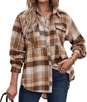 Generic Vestes pour femmes, chemises &agrave; carreaux, v&ecirc;tements dautomne surdimensionn&eacute;s, veste &agrave; manches longues, chemisier tendance, kaki, XXL