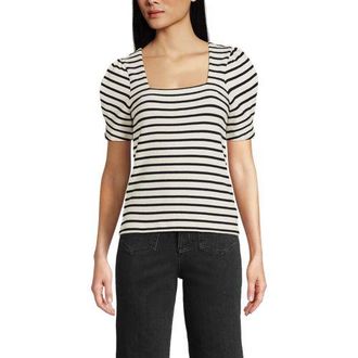 Lands End Gestreiftes Baumwollshirt mit eckigem Ausschnitt und Puffärmeln, Damen, Größe:40-42 regular, Weiß, Baumwolle, by Lands End
