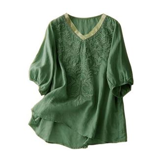 Generic T-shirt &eacute;l&eacute;gant pour femme - Col en V - Chemise en lin pour femme - Manches courtes - Broderie - Chemisier d&eacute;t&eacute; vintage - Chemisier d&eacute;t&eacute; tendance - Ch