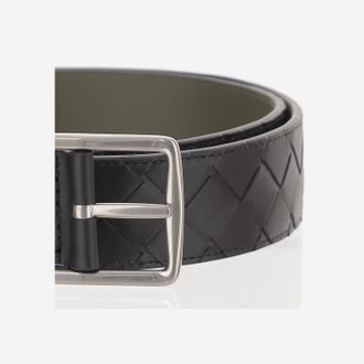 Bottega Veneta Mens Leather Belt Reversible Black-Green Calf