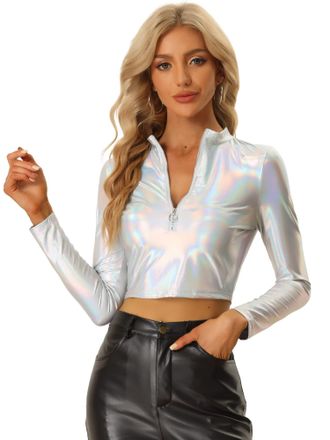 Allegra K Damen Metallic Crop Party Tops Glitzer Langarm Rei&szlig;verschluss Top Oberteil Silber L