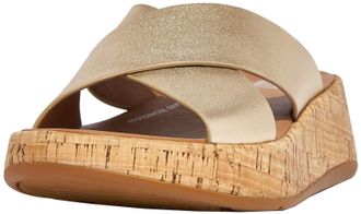 FitFlop Damen F-Mode Leather/Cork Flatform Cross Slide Flache Sandale, Platin, 41 EU