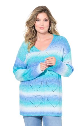 Miamoda Damen große Größen Übergrößen Plus Size Pullover, Farbverlauf, Herz-Ajourmuster, V-Ausschnitt, Langarm blau 46 831597769-46