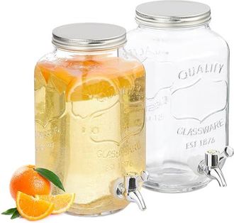 Relaxdays Getr&auml;nkespender 2er Set, Limobeh&auml;lter 3,5 l, Zapfhahn & Deckel, Wasserspender, Glas & Kunststoff, transparent