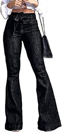 ORANDESIGNE Femme Jean Évasé Pants Pantalon Stretch Zippé en Denim Elastique avec Poche Bootcut Casual Vintage Jeans Pantalon A Noir S
