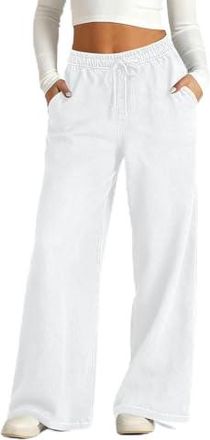 Generic Pantalon de jogging &agrave; jambe large pour femme - Taille haute &eacute;lastique - Pantalon de jogging droit r&eacute;tro d&eacute;lav&eacute; - Pantalon en jean d&eacute;contract&eacute; &agrave; enfile