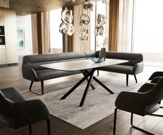 DELIFE Esszimmerbank Taya-Flex 285x190 cm Mikrofaser Anthrazit Vintage Kufengestell flach Schwarz Taschenfederkern Links, Eckb&auml;nke