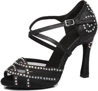 MGM-Joymod Chaussures de danse latine moderne pour femme avec ouvert et sangle crois&eacute;e et paillettes - Noir - Talon noir de 10 cm., 39 EU