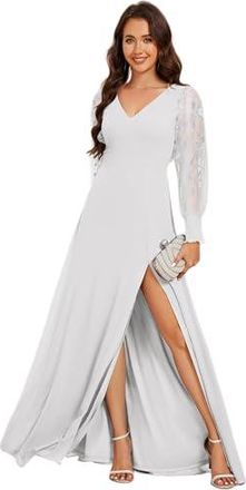 Ever-pretty Robe de Soirée Femme Manches Longues Transparente Fendu Col V Chic Blanc 40