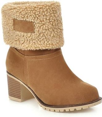 Generic Marron,34 EU,Bottines rétro pour Femmes, Bout Rond, Talons épais, Bottines à Talons dautomne, en Daim, à Enfiler, Chaussures habillées Confortables po