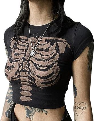 Onsoyours Haut Femme Y2K Crop Top Col Rond Manche Courte T-Shirt Punk Rock Tops Sexy T-Shirt Ajusté Slim Fit Haut Halloween Goth Skeleton Imprimé Décontractée S