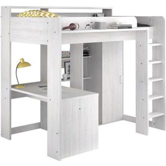 Les Tendances Les Tendances - Lit mezzanine blanc 90 x 200 cm - Panneau de particules d&eacute;cor Pin Petterson - &Eacute;chelle dacc&egrave;s incluse - Bureau et armoire int&eacute;gr&eacute;s