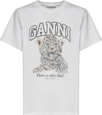 Ganni Femme, Tops, Blanc, Taille: 38 FR Basic Jersey Leopard Relaxed T-Shirt 943