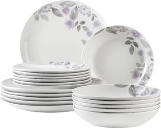 M&auml;ser 934136 Serie Sono, Teller Set f&uuml;r 6 Personen, 18-teiliges Geschirrset mit Speiseteller, Suppenteller, Dessertteller; floraler Druck, modernes Blumenmu