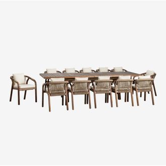 Sklum Set aus rechteckigem Tisch 200-260-320x100 cm ausziehbar und 12 Gartenst&uuml;hlen mit Armlehnen aus Akazienholz Dubai Akazienbraun dunkel