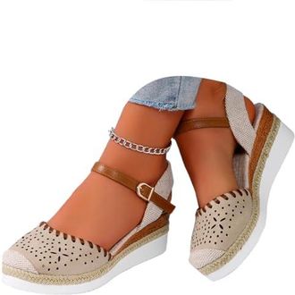 Generic Sandales compens&eacute;es &agrave; bout ferm&eacute; pour femme, espadrilles &agrave; talons bas, semelle compens&eacute;e &agrave; bout ferm&eacute;, &eacute;lastique, coupe large, sangle de cheville r&eacute;gl