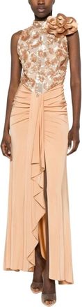 BABYLON Femme, Robes, Beige, Taille: 44 FR Robe Longue Orn&eacute;e de Sequins et dAppliqu&eacute;s Floraux