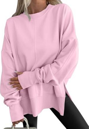 Generic Sweat-shirt &agrave; col rond fendu sur le c&ocirc;t&eacute; pour femme - Pull d&eacute;contract&eacute; &agrave; manches longues pour femme, rose clair, XXL