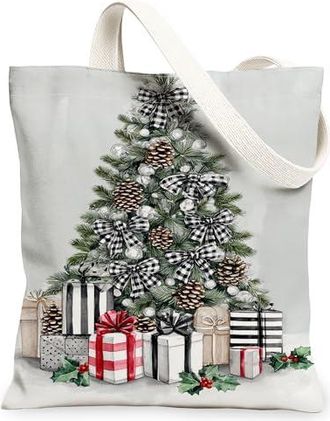 Generic Sacs fourre-tout en toile motif sapin de No&euml;l, sacs d&eacute;picerie r&eacute;utilisables, vintage, l&eacute;gers et lavables, toile pour shopping, voyage, pique-nique, 33