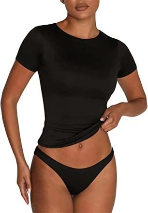 ORANDESIGNE T-Shirt Y2K Femme été Chic T-Shirt Moulant Basique à Manches Courtes Crop Top Col Rond Haut A Noir XS