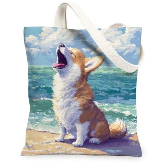 Generic Summer Corgi Sac fourre-tout en toile pour faire du shopping, 33 x 38,1 cm, motif chiot c&ocirc;tier de plage, sac d&eacute;picerie r&eacute;utilisable pour femme, peintu