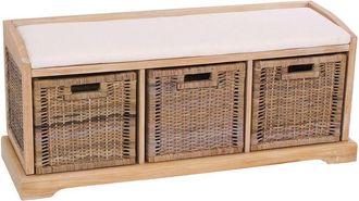 Hhg Banc / banquette Bienne, boîte de rangement, 3 paniers, treillis en rotin kubu, 112x46x37cm, clair