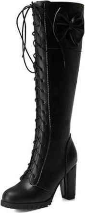 Generic Noir,46 EU,Bottes Hautes à Lacets pour Femmes avec noeud, Bout Rond, Talons épais, Bottes Longues en Cuir PU, Chaussures habillées Confortables pour l