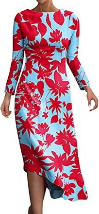 Generic 2026 Robes amincissantes pour femmes col rond manches longues slim ourlet irr&eacute;gulier robe imprim&eacute;e 3D, Rouge, L