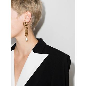 Dolce & Gabbana Logo Drop with Faux Pearl Clip-On Earrings - Gold