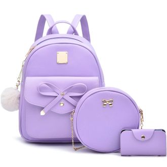 I Ihayner M&auml;dchen Bowknot 3-teiliger modischer Lederrucksack Handtasche f&uuml;r Damen Rucksack f&uuml;r Damen Umh&auml;ngetasche Lila