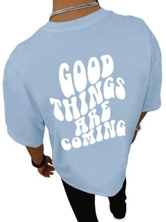 TOMWELL Oversized Tshirt Herren Rundhals Kurzarm Lose Sommer Oberteile Mode T-Shirt mit Backprint Vintage Drucken Streetwear Sport Casual Lang Tops F Blau XXL