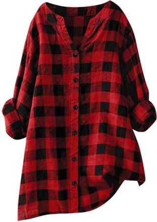 Generic Chemisier long &agrave; carreaux pour femme - Tunique longue - Grandes tailles - Col en V - Boutonn&eacute; - Confortable - D&eacute;contract&eacute; - Manches longues - Chemise 
