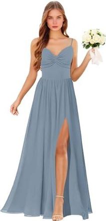 Generic Robe de demoiselle dhonneur en mousseline de soie avec col en V et bretelles spaghetti, longue robe de soirée plissée avec fente, Bleu poudré, 58 Gran