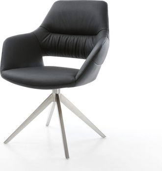 DELIFE Drehstuhl Yago-Flex mit Armlehnen Echt-Leder Schwarz Kreuzgestell breit Edelstahl 360&deg; drehbar Wippfunktion Taschenfederkern, Esszimmerst&uuml;hle