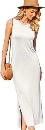 Zeagoo Robe longue dété sans manches pour femme - Col rond - Élégante - Avec poches et fente - Taille S à XXL, Blanc., L