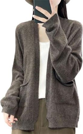 Generic Cardigan tricot&eacute; en laine fine m&eacute;lang&eacute;e &agrave; col en V sans boucle pour femme, Brun, XS