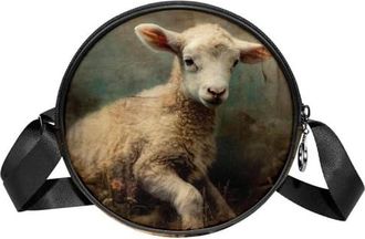 Generic Sac &agrave; bandouli&egrave;re rond pour femme, petit sac &agrave; bandouli&egrave;re vintage en forme de mouton avec fermeture &eacute;clair, bretelles r&eacute;glables, sac &agrave; main rond d&eacute;co