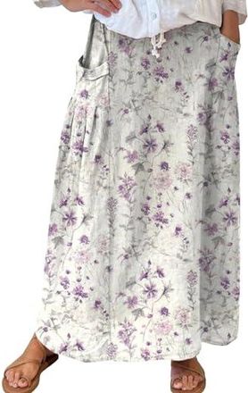 Generic Jupe r&eacute;tro en lin &agrave; taille &eacute;lastique avec poche pour femme, blanc, XXL