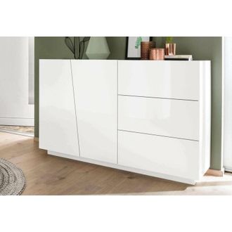 Dmora Buffet moderne avec 2 portes et 3 tiroirs, Made in Italy, Buffet de cuisine, Buffet design de salon, 141x43h86 cm, couleur blanc brillant, avec