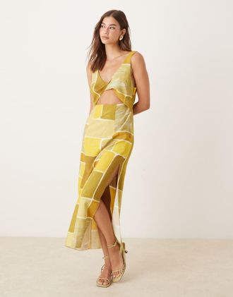 Asos Tr&auml;ger-Midikleid mit abstraktem Rechteck-Print, verdrehtem Brust-Detail und Cut-out-Bunt