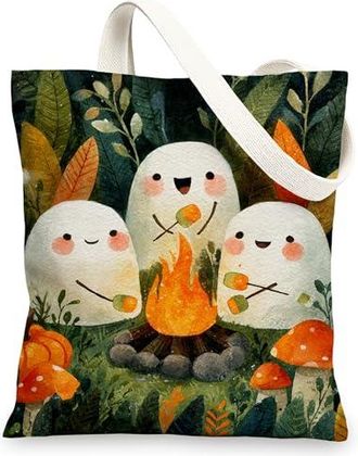 Generic Sacs fourre-tout mignons en toile, motif fantôme fantaisie, sacs à provisions réutilisables, inspirés de la nature, légers et lavables avec bandoulièr