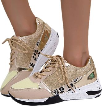 Minetom Sneakers Damen Pailletten Keilabsatz Sneaker Glitzer Turnschuhe Outdoor Sportschuhe Glänzende Dicker Laufschuhe Schuhe Schnürsenkel Walkingschuhe B Go