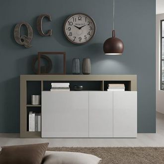 Dmora Modernes 3-t&uuml;riges Sideboard mit offenen F&auml;chern, Made in Italy, K&uuml;chen-Sideboard, Wohnzimmer-Design-Buffet, 146 x 42 h 93 cm, gl&auml;nzendes Wei&szlig; und Bir