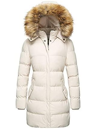 WenVen Manteau dhiver Long pour Femme Veste matelass&eacute;e &eacute;paisse Veste matelass&eacute;e Chaude Parka dhiver avec Capuche en Fausse Fourrure beige XL