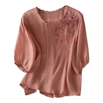 Generic Chemisiers en lin pour femme &agrave; manches 3/4 avec broderie r&eacute;tro, motif floral, hauts &agrave; manches 3/4, tunique d&eacute;t&eacute; boh&egrave;me tendance, Orange, XXL