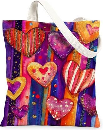 Generic Sacs fourre-tout en toile en forme de coeur pour la Saint-Valentin, motif damour color&eacute;, sacs d&eacute;picerie r&eacute;utilisables, artistiques, l&eacute;gers et lavables