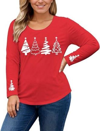 Generico T-shirt de No&euml;l pour femme &agrave; manches longues et col rond avec imprim&eacute; T-shirt de No&euml;l en coton jersey pour femme hiver thermique amusant de No&euml;l, roug