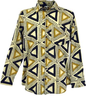 Guru Shop Freizeithemd, Goa Boho Hemd, Langarm Herrenhemd mit Afrikanischem Druck - Beige, Baumwolle, Size:S